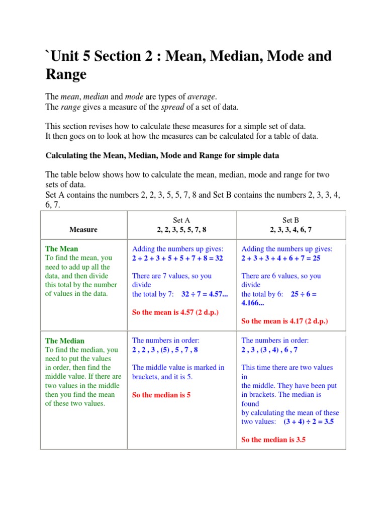 Calculating The Mean, Median, Mode and Range For Simple Data | PDF ...