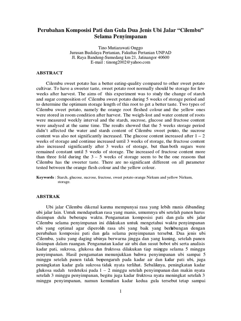 Perubahan Komposisi Pati Dan Gula Dua Jenis Ubi Jalar "Cilembu" Selama ...