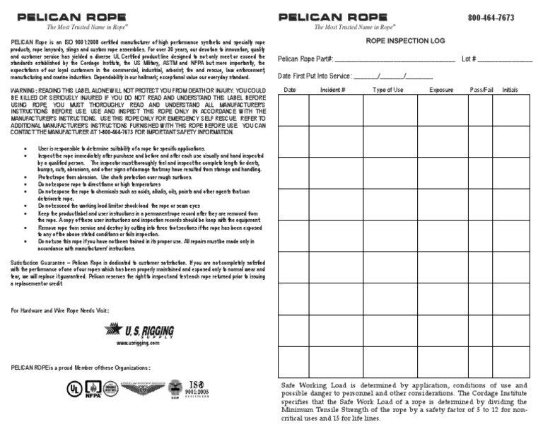 Rope - Inspection - Log - Cuerda de Seguridad Hoja de Seguimiento | PDF ...