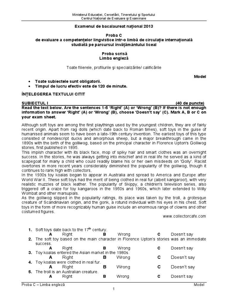 Modele de Subiecte Bacalaureat 2013 Proba C Scrisa Competente ...