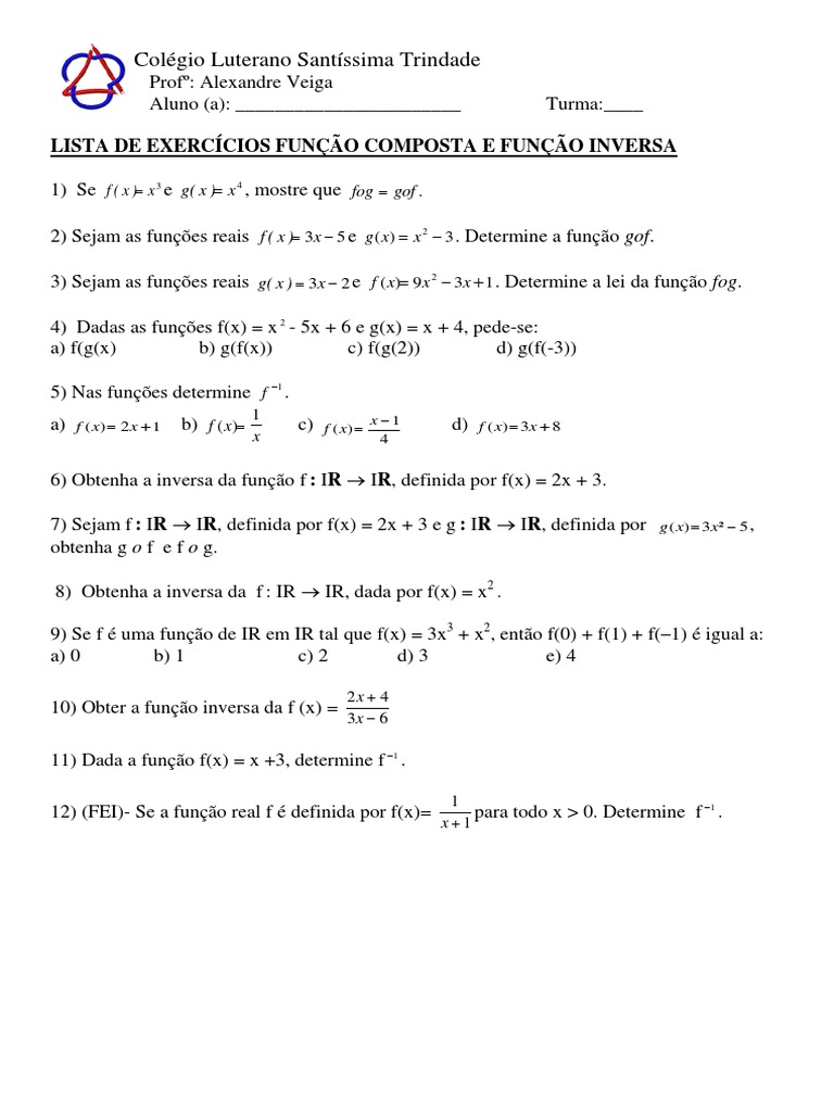 Lista de Exercícios Função Composta e Função Inversa | PDF