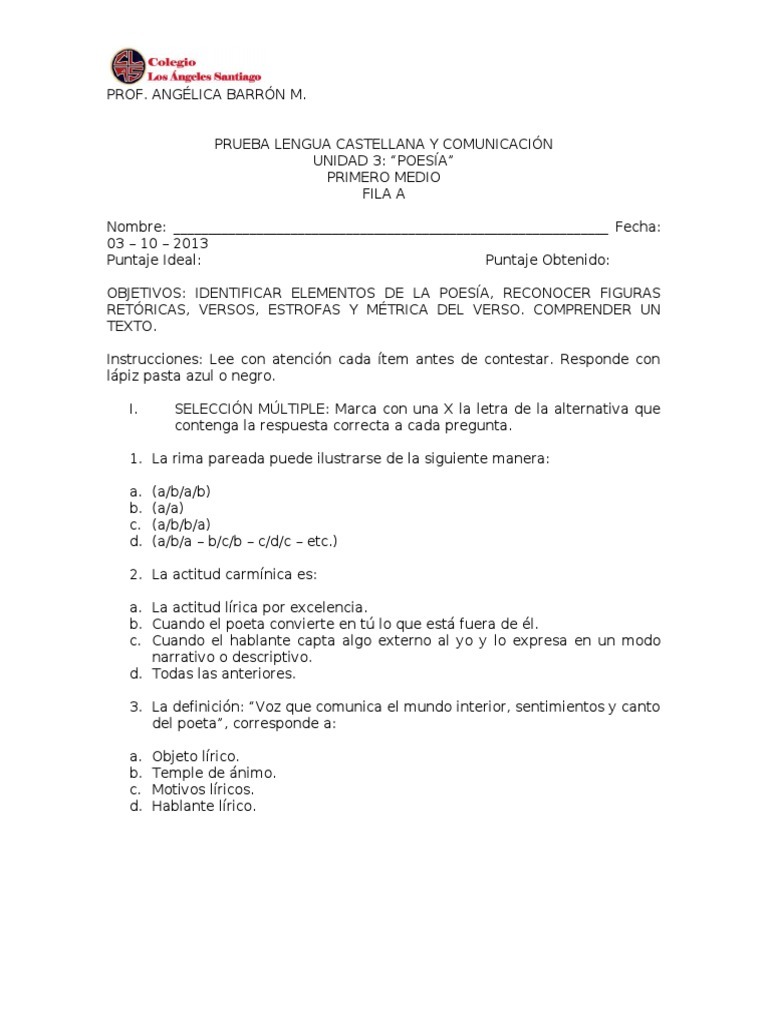 Prueba de Poesía para Primero Medio | PDF | Rima | Poesía