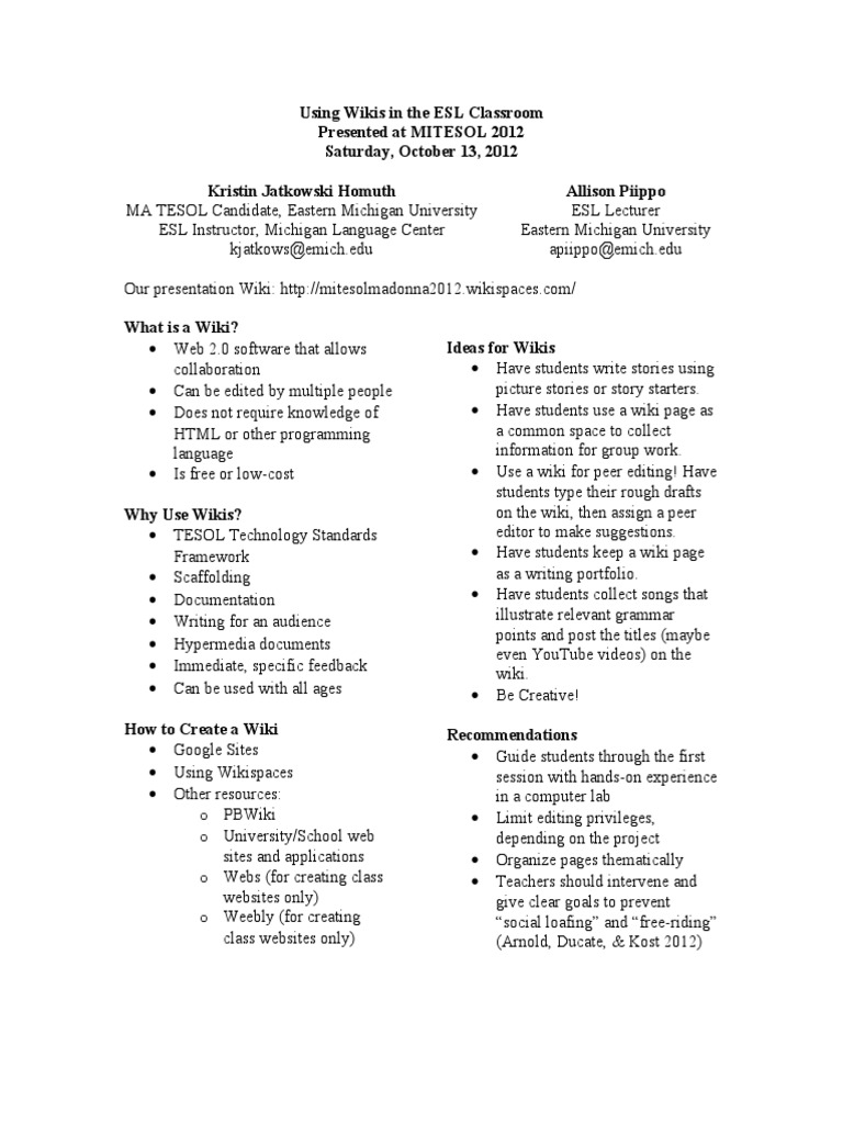 Using Wikis in The ESL Classroom Handout | PDF | English As A Second Or ...
