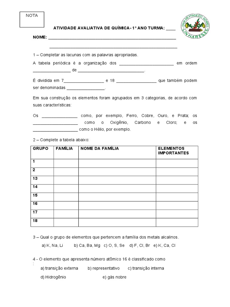 Atividade Avaliativa De Química 1º Ano Pdf