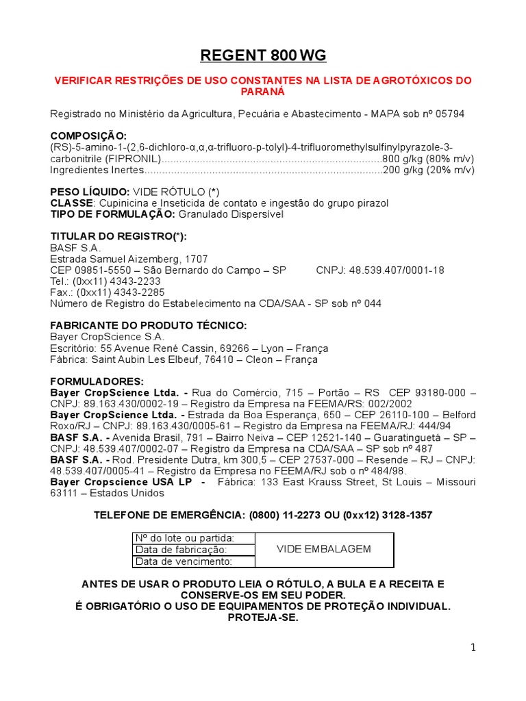 Inseticida Regent 800 WG: Uso e Aplicação | PDF | Embalagem e rotulagem ...