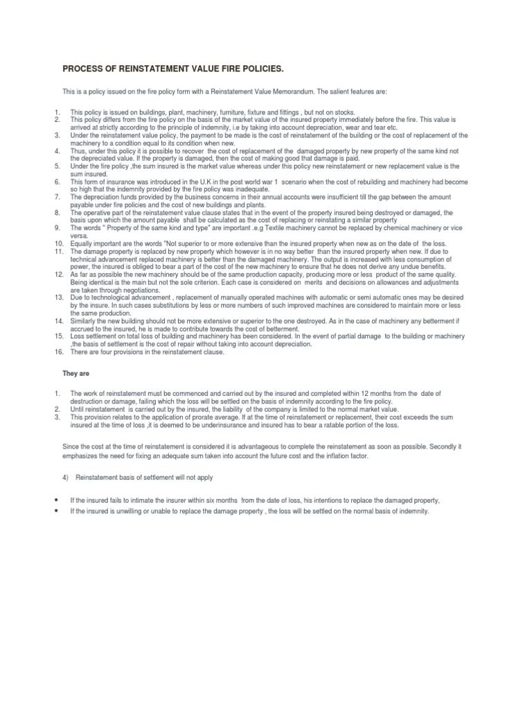 Process of reinstatement value fire policies.docx | Indemnity | Insurance