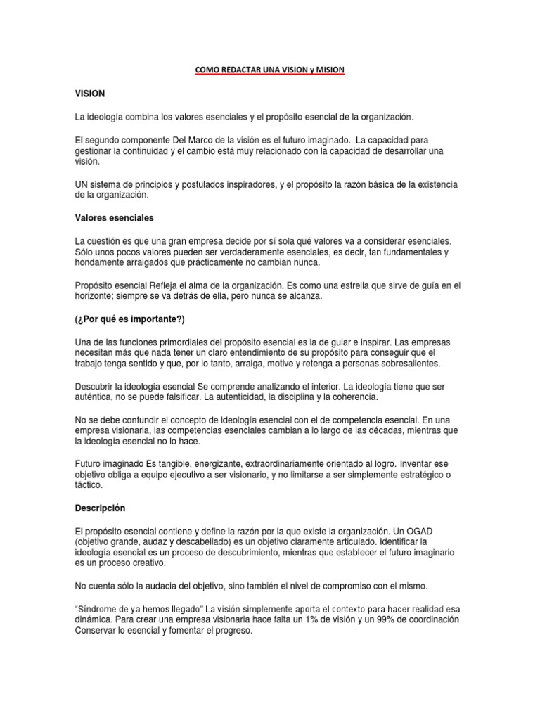 Como Redactar Una Vision y Mision | PDF | Ideologías | Calidad (comercial)