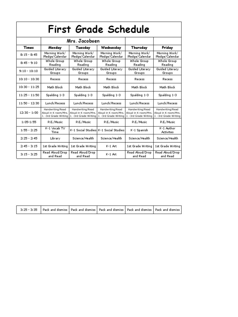 First Grade Weekly Schedule Overview | PDF