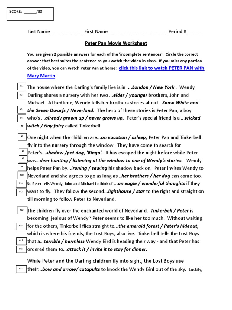 Peter Pan Movie Worksheet 2012 2013 | Download Free PDF | Wendy Darling ...