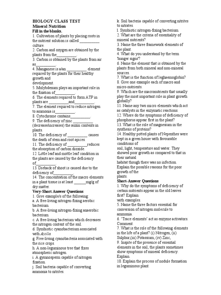 Biology Class Test Mineral Nutrition: Fill in The Blanks | PDF
