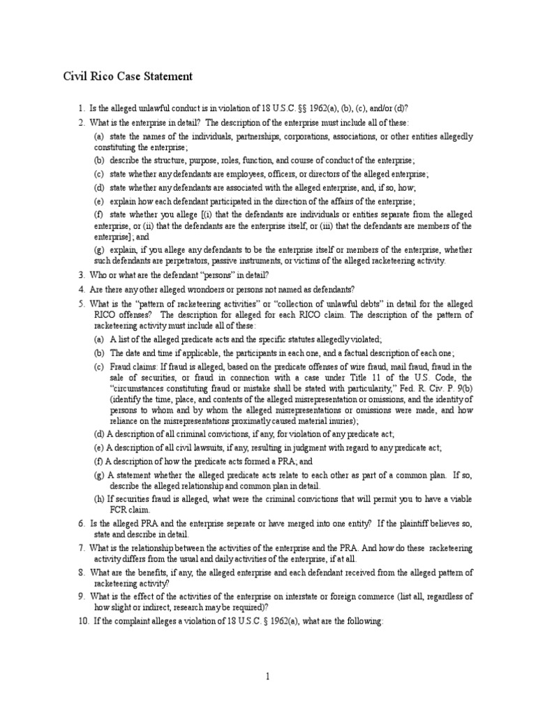 Civil RICO Case Statement Overview | PDF | Racketeer Influenced And ...