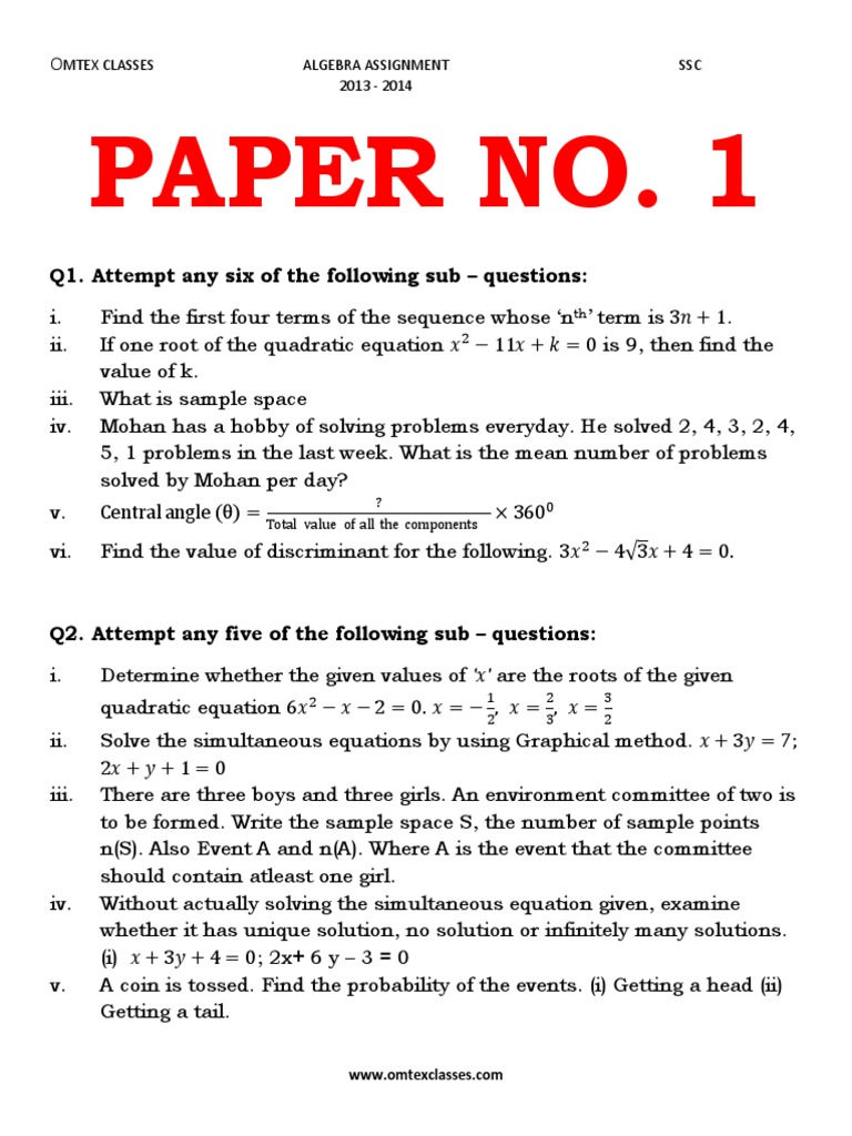 Algebra Question Paper For Practise PDF | PDF | Numbers | Equations