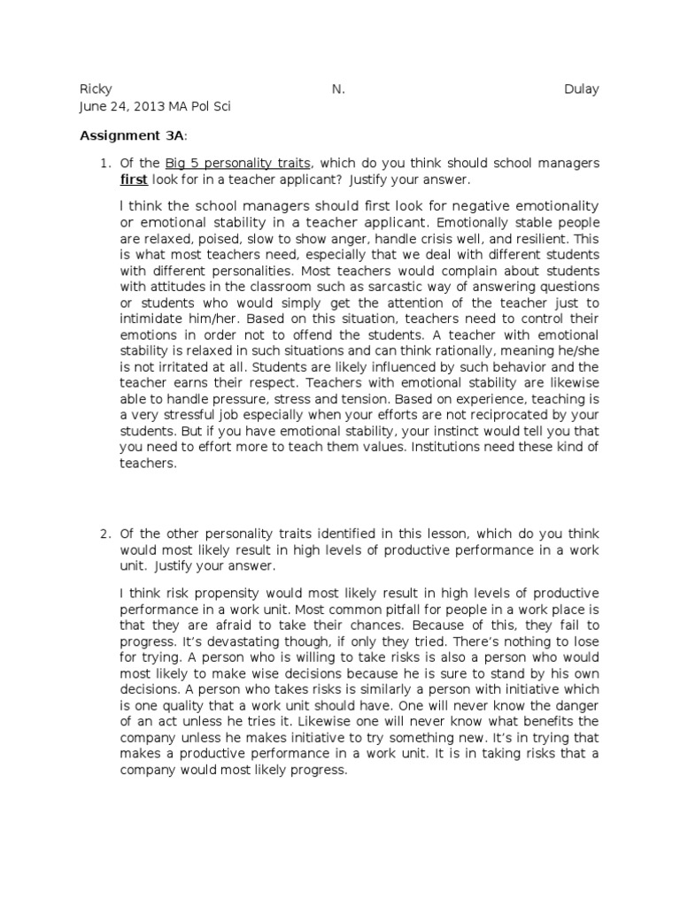 Assignment 3A | Download Free PDF | Teachers | Risk