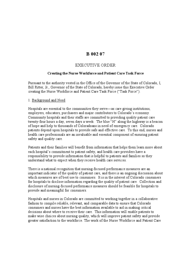 Executive Order: Creating The Nurse Workforce and Patient Care Task ...