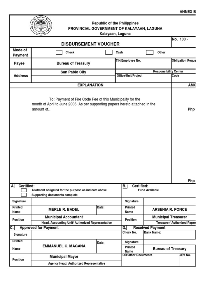 Disbursement Voucher Template Guide | PDF | Payments | Cheque