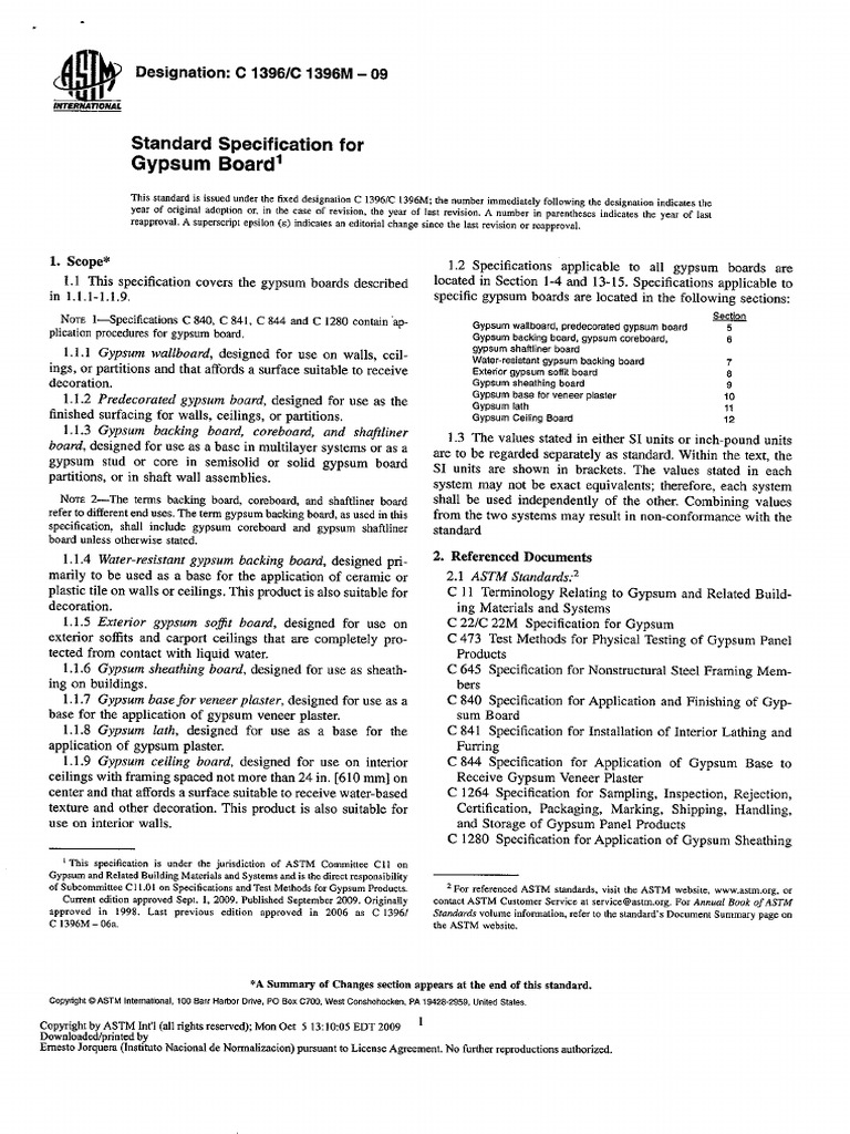 ASTM C1396M-09 Standard Specification For Gypsum Board | PDF