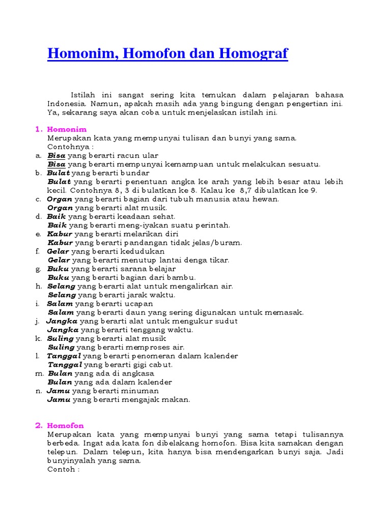 Contoh Kata Homonim Homofon Homograf - Senang Belajar
