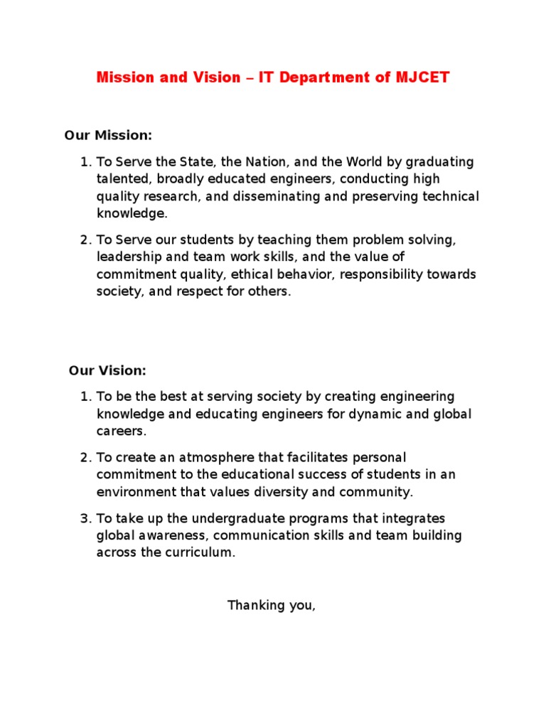 MJCET IT Dept: Mission & Vision | PDF