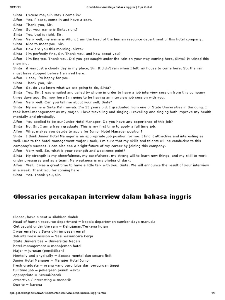Contoh Interview Kerja Bahasa Inggris - Tips Gobel PDF | PDF