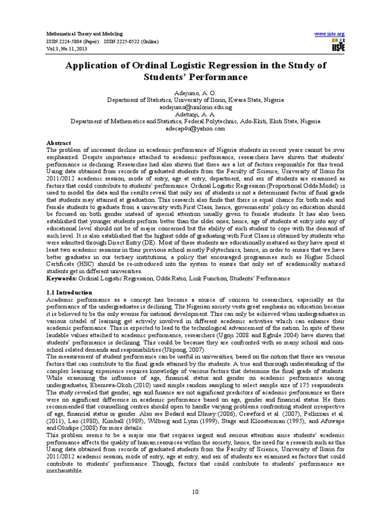 Application of Ordinal Logistic Regression in The Study of Students' Performance PDF | PDF ...