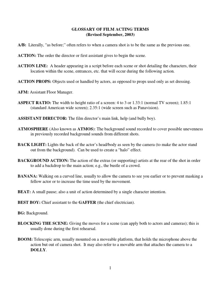 Film Acting Terminology Glossary | PDF | Screenplay | Camera