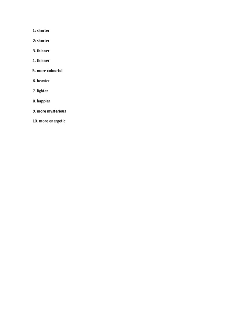 1: Shorter 2: Shorter 3. Thinner 4. Thinner 5. More Colourful 6 ...