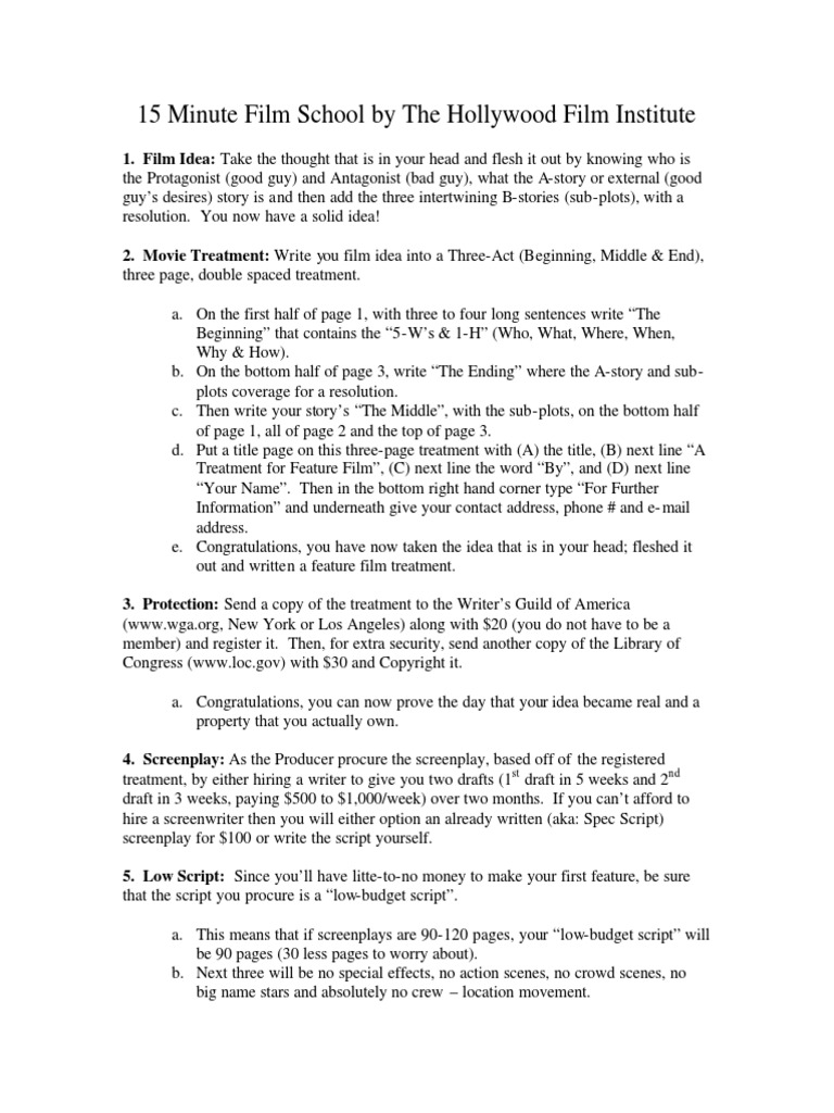 15 Minute Film School by The Hollywood Film Institute | PDF ...