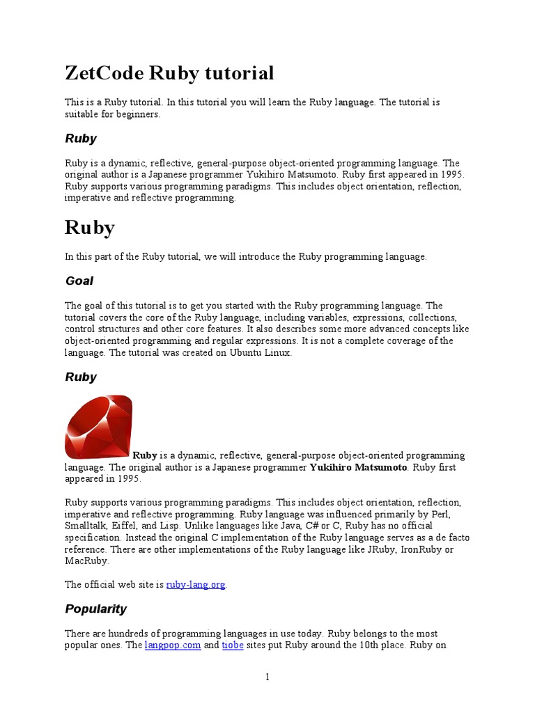 ZetCode Ruby Tutorial | PDF | Language Arts & Discipline | Teaching ...