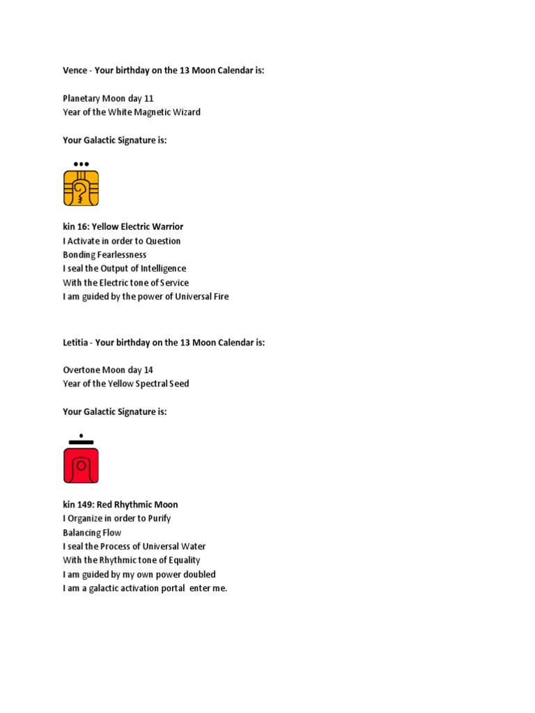 13 Moon Calendar Galactic Signatures | PDF | Vegetables | Leaf Vegetable