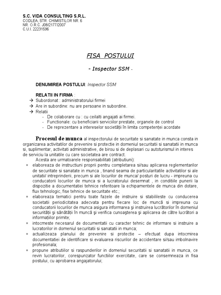 Fisa Post Inspector SSM | PDF