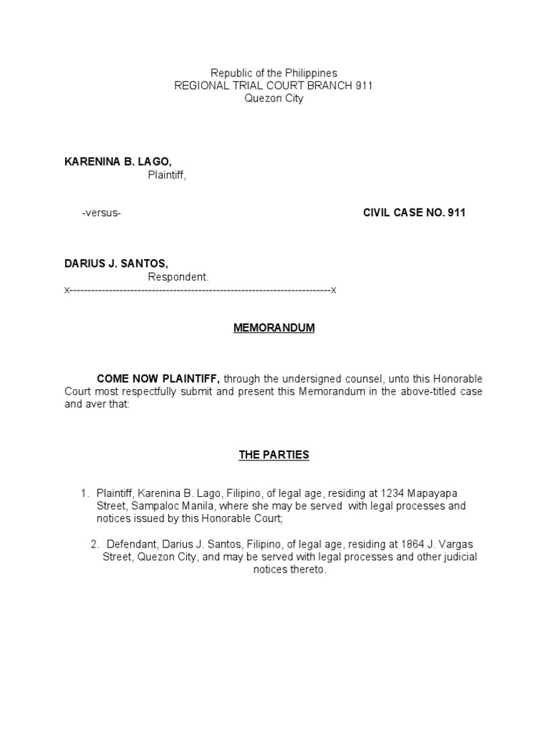 Sample Trial Memorandum.doc | Marriage | Divorce
