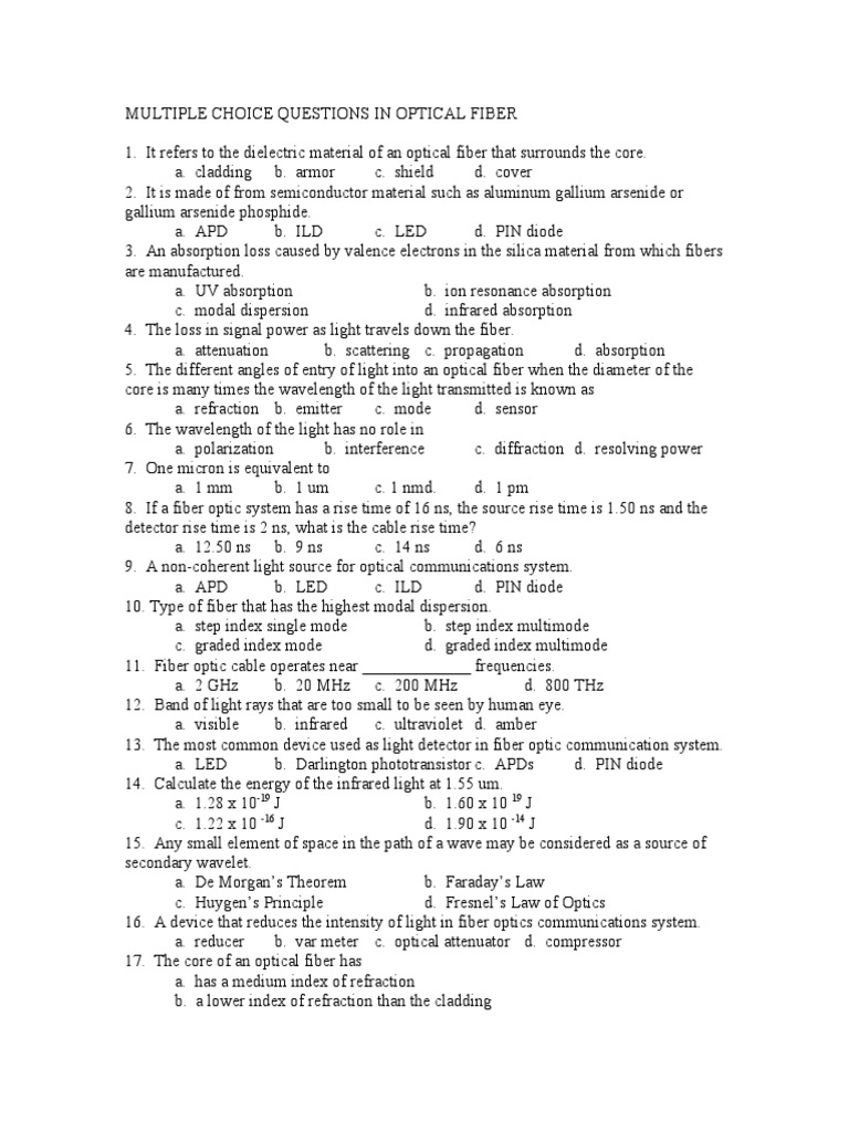 Multiple Choice Questions in Optical Fiber | PDF | Optical Fiber ...