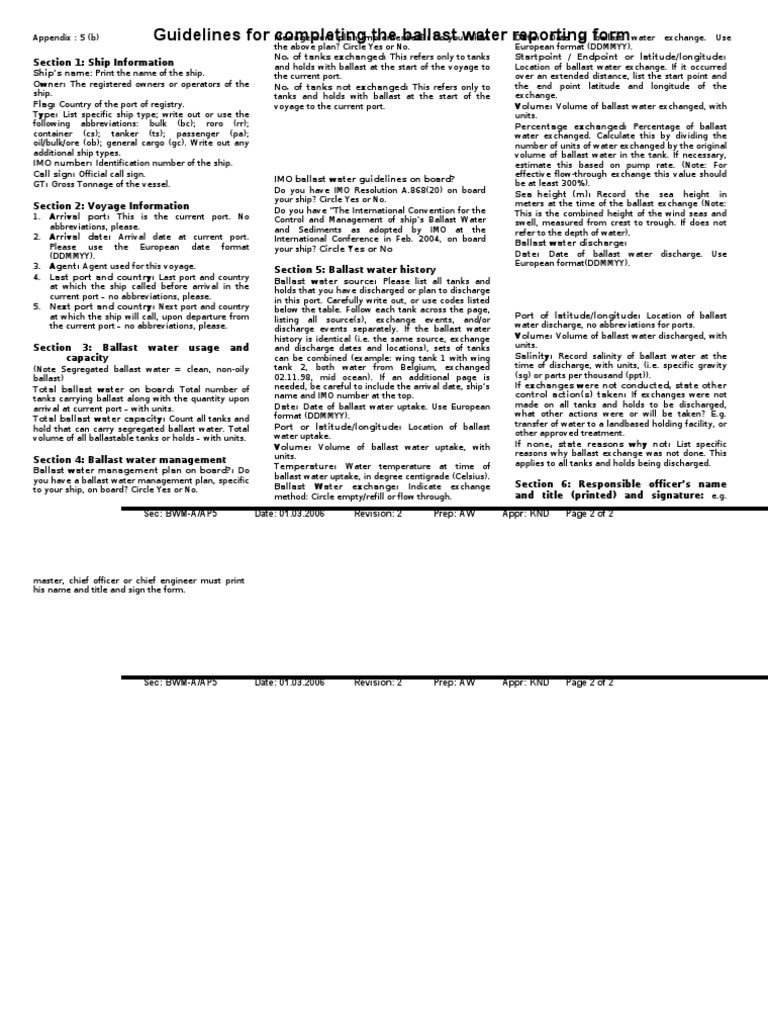 Guidelines For Completing The Ballast Water Reporting Form | PDF ...