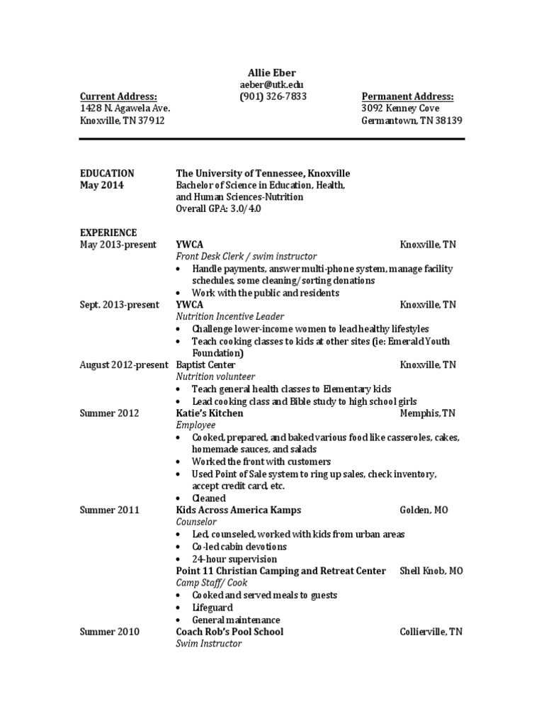 Allie Eber's Resume: Nutrition & Education | PDF | Wellness