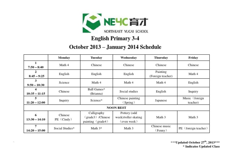 English Primary 3-4 Class Schedule | PDF | Language Arts & Discipline