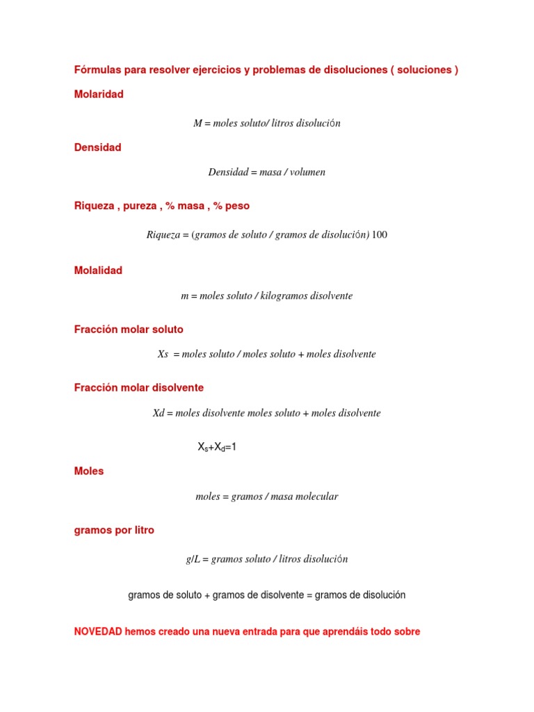 Fórmulas para Resolver Ejercicios y Problemas de Disoluciones | PDF ...