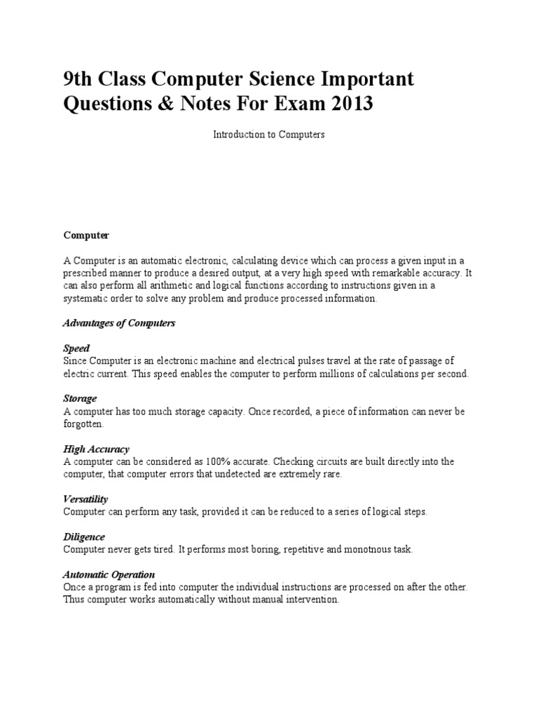 9th Class Computer Science Important Questions | PDF | Printer ...