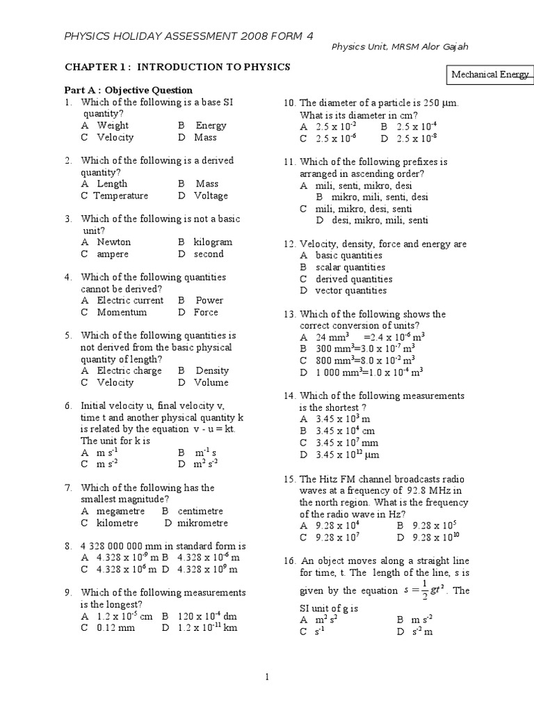 Chapter 1: Introduction To Physics Part A: Objective Question | PDF ...
