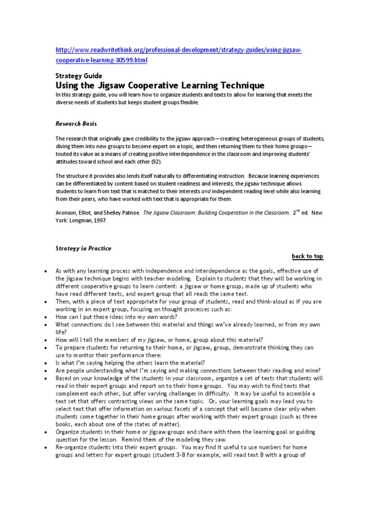 Using The Jigsaw Cooperative Learning Technique: Strategy Guide | PDF ...