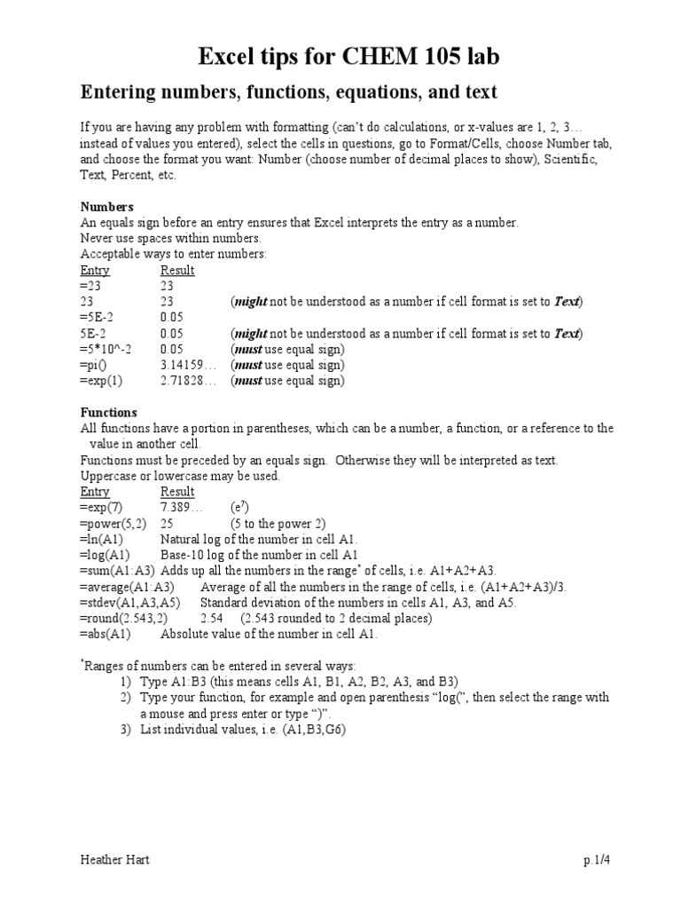 Excel Tips For CHEM 105 Lab: Entering Numbers, Functions, Equations, and Text | PDF ...