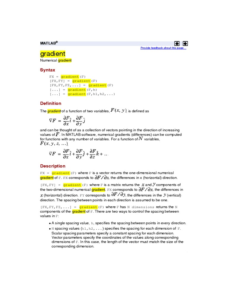MATLAB Numerical Gradient Functions | PDF