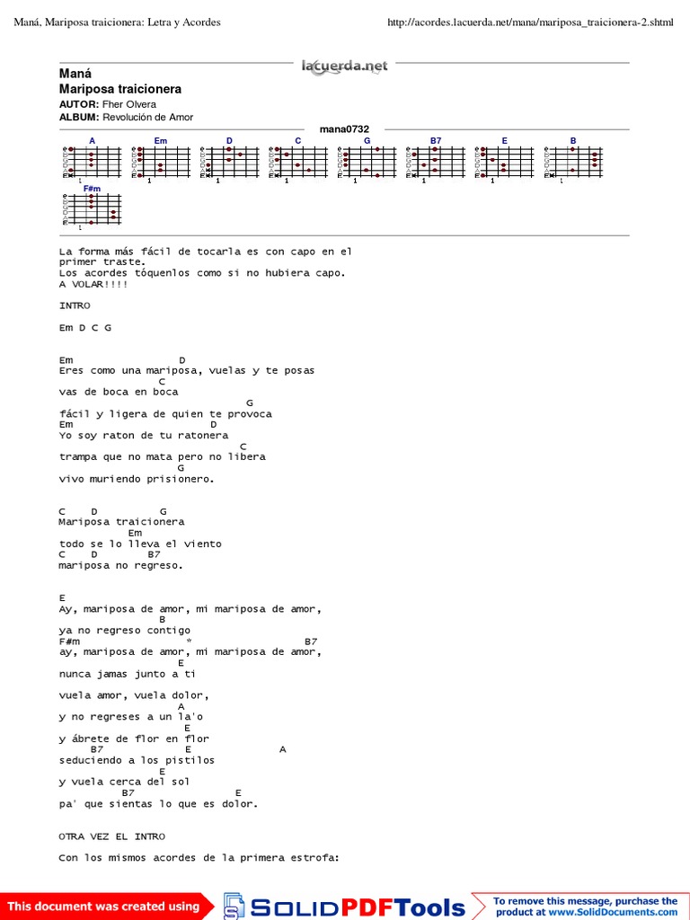 Mana - Mariposa Traicionera - Letra y Acordes | PDF | Entretenimiento ...