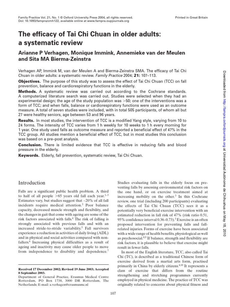 The Efficacy of Tai Chi Chuan in Older Adults A Systematic Review | PDF | Randomized Controlled ...