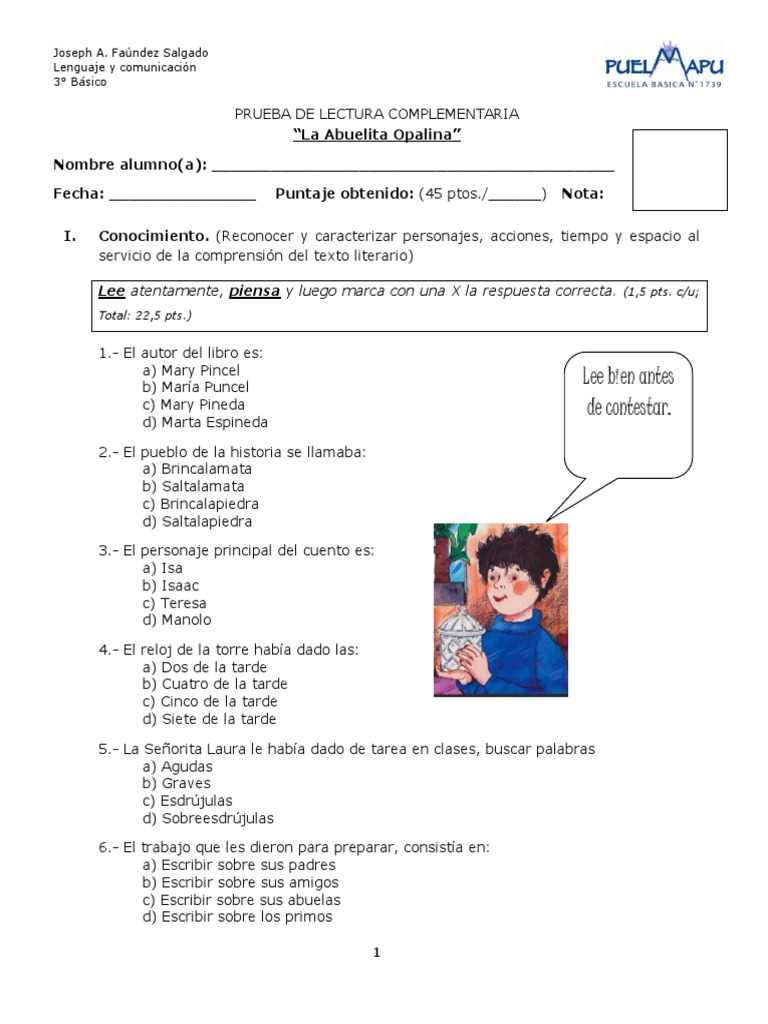 Lee bien antes de contestar.: Lee atentamente, piensa y luego marca con ...