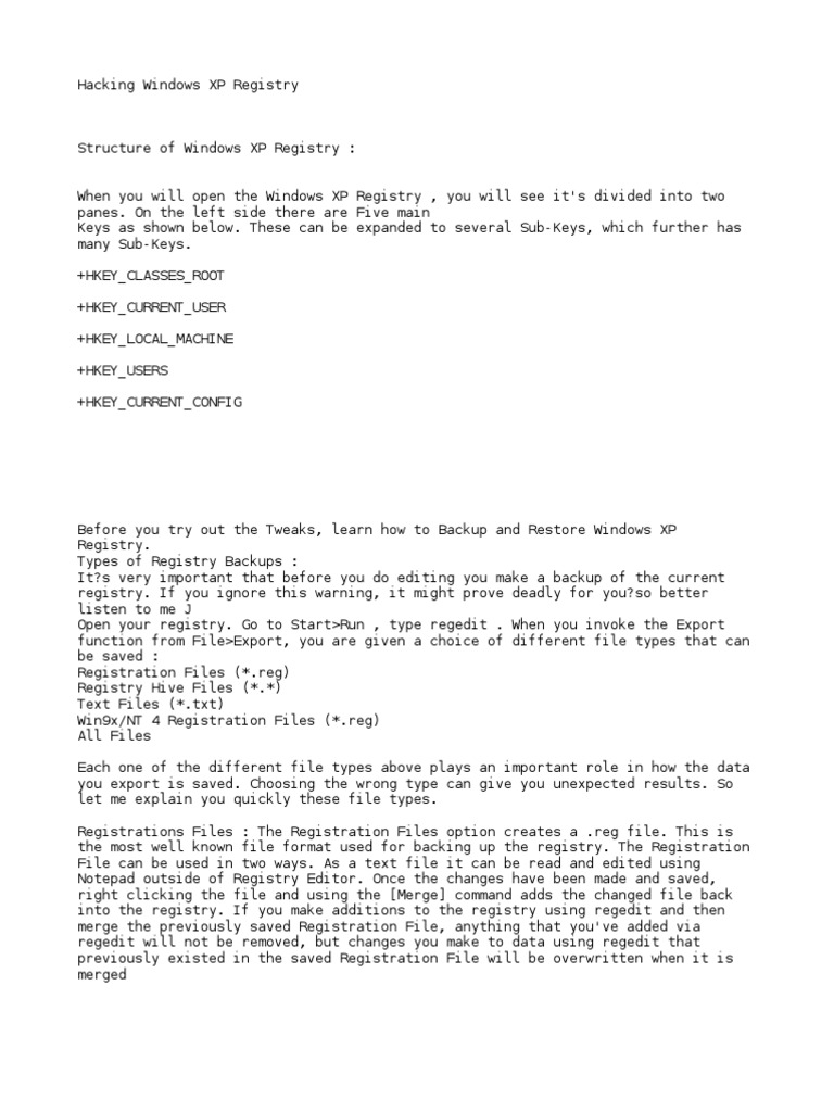 Windows XP Registry Tweaks | PDF