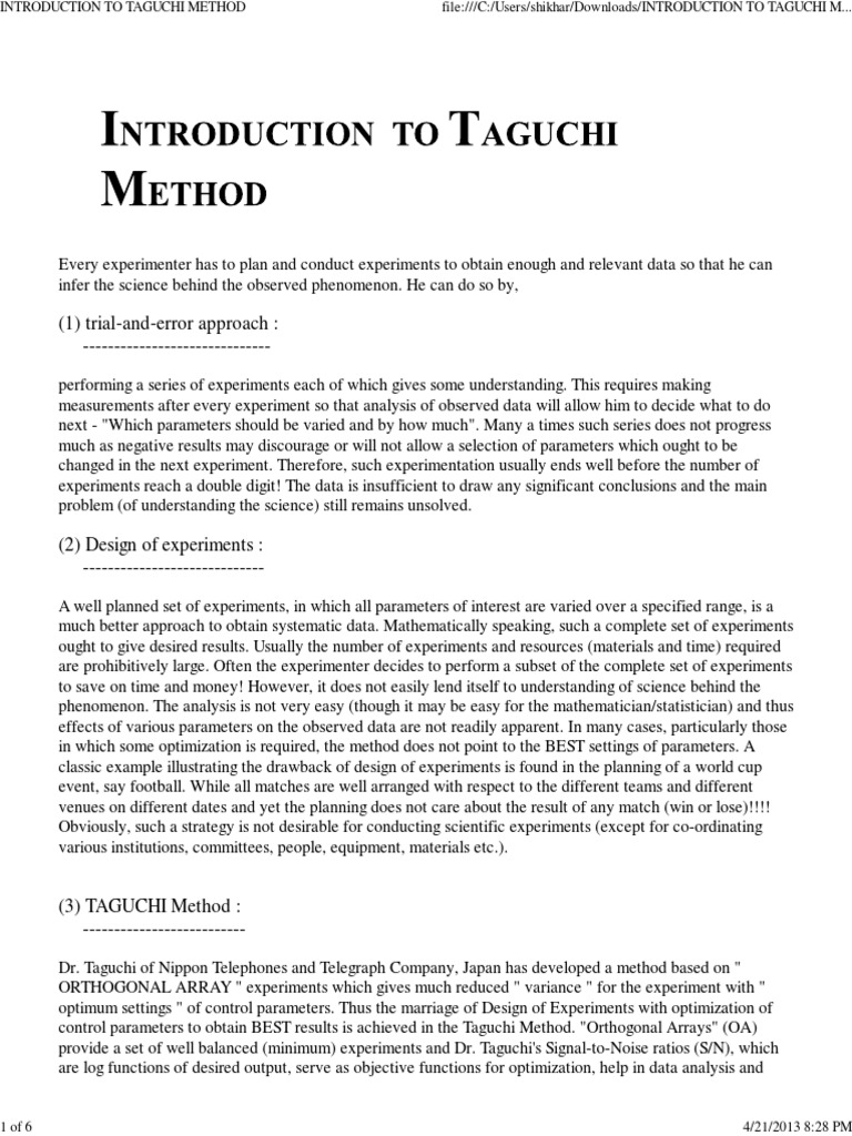 Introduction To Taguchi Method PDF | PDF | Signal To Noise Ratio ...