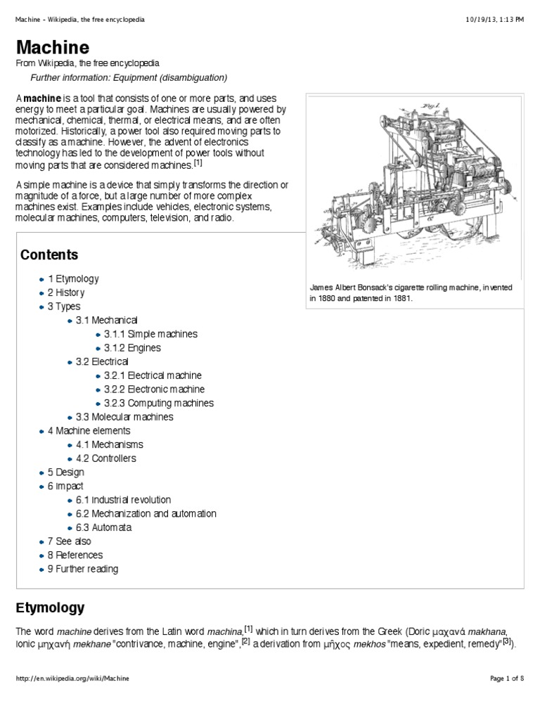 Machine - Wikipedia, The Free Encyclopedia PDF | PDF | Mechanization ...