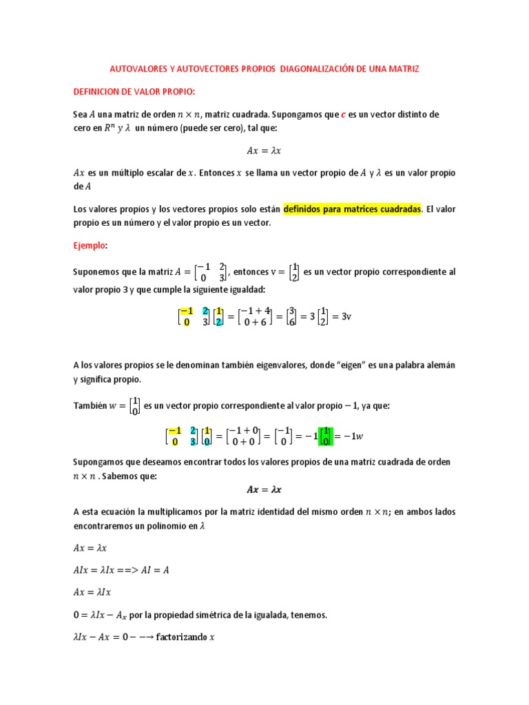 Autovalores y Autovectores Propios Diagonalización de Una Matriz | PDF | Valores propios y ...