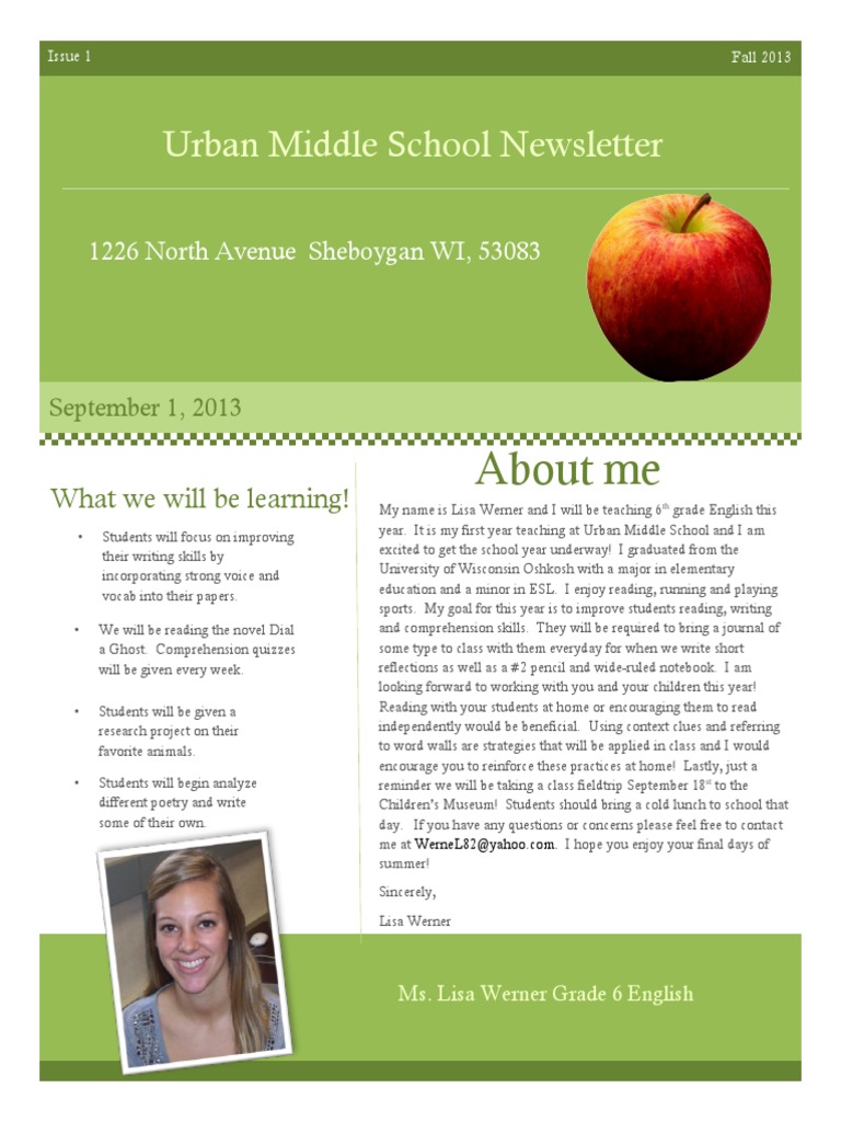 Urban Middle School Fall 2013 Newsletter | PDF