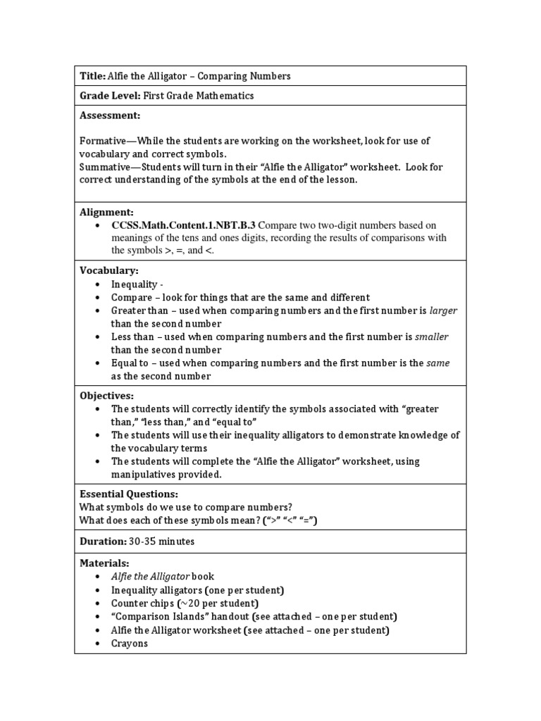 Alfie the Alligator: Comparing Numbers | PDF | Neuropsychology ...